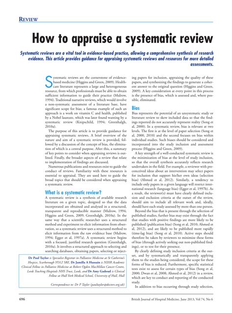 Pdf How To Appraise A Systematic Review