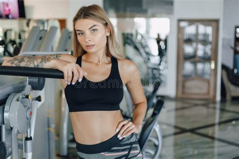 Attractive Athletic Girl Standing Near Gym Equipment Healthy Lifestyle