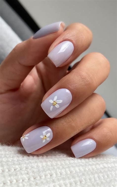45 Pretty Short Nails For Spring And Summer White Floral Lavender Nails