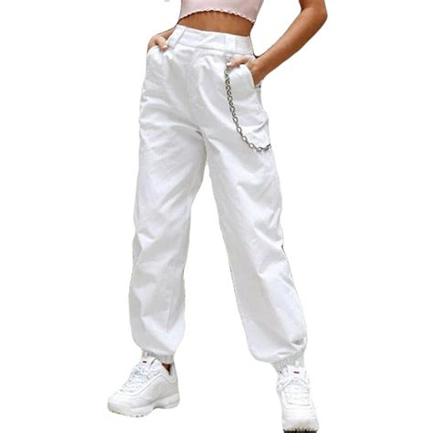 Dewadbow Women Hip Hop Pants High Waist Cargo Baggy Harem Trousers