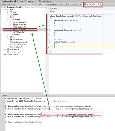 how to create phpunit test case in codeception