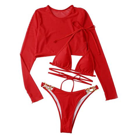 Gaqlive Women Swimsuit 3 Piece Long Sleeve Bathing Suit High Waist Wrap
