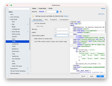 why is html continuation indent default 8 spaces ides support