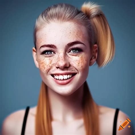 Portrait Of A Young Woman With Freckles And Light Blonde Hair