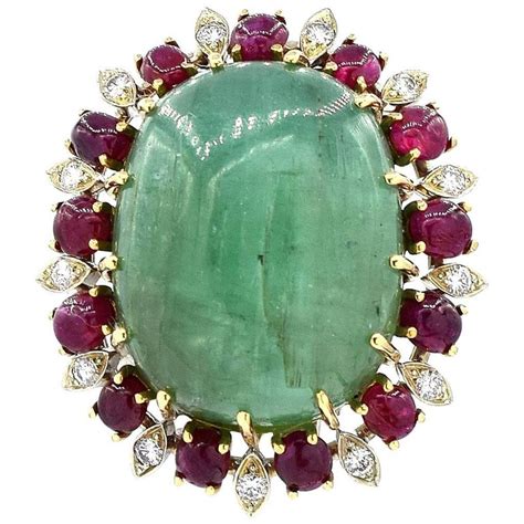 Green Emerald Ruby And Diamond Brooch Pin For Sale At 1stdibs