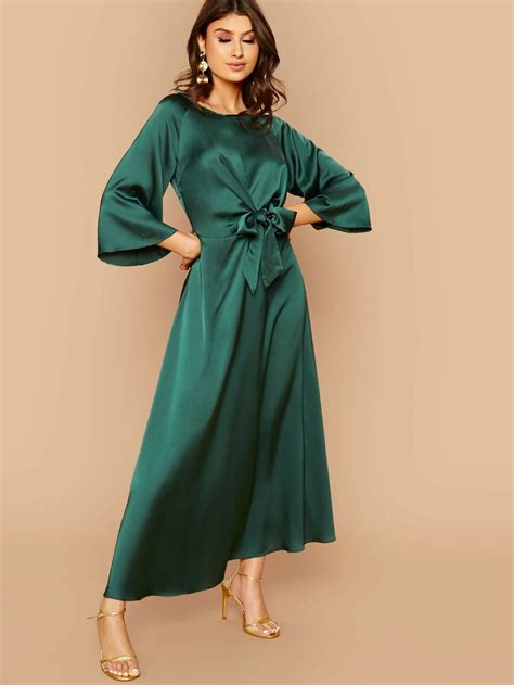 Shein Raglan Sleeve Tie Front Flare Satin Dress Satin Maxi Dress