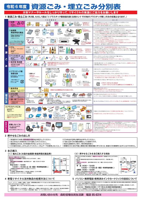 資源ごみ・埋立ごみ分別表、収集日カレンダー、分別ガイドブック（保存版）／静岡県森町