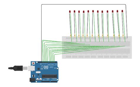 circuit design sequential blinking of 12 leds using arduino tinkercad