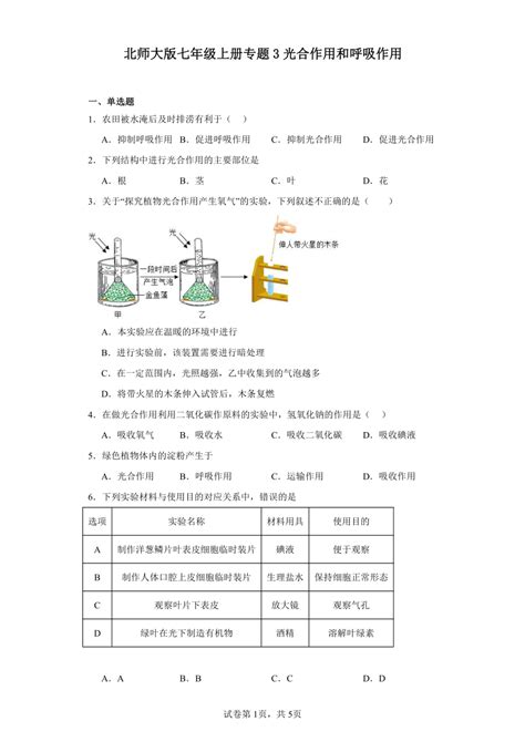 2023 202学年初中生物北师大版七年级上册期末复习专题3光合作用与呼吸作用（答案 解析） 21世纪教育网