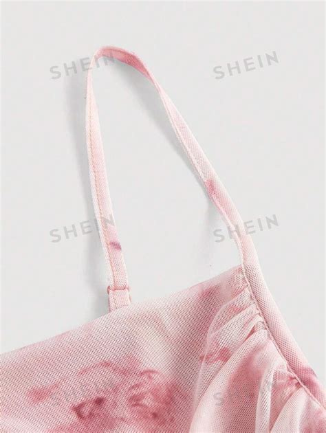 Shein Mod Floral Print Ruched Lettuce Trim Mesh Slim Fit Valentine Day