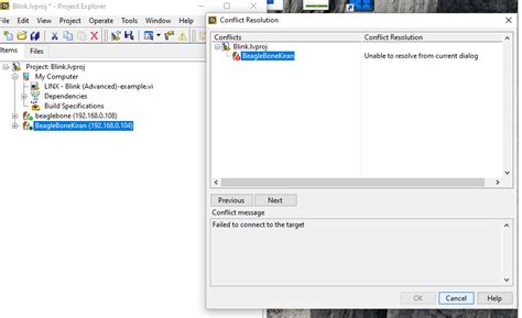 unable to connect to beaglebone black target in lv project ni community