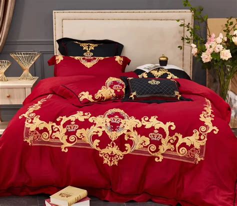 Red Luxury Golden Crown Embroidery 80s Egyptian Cotton Bedding Set