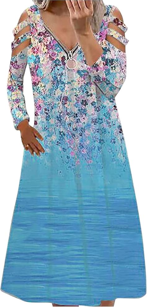 Fascino M Damen Kleid Blumen Drucken Sommerkleid Langarm Kalte Schulter