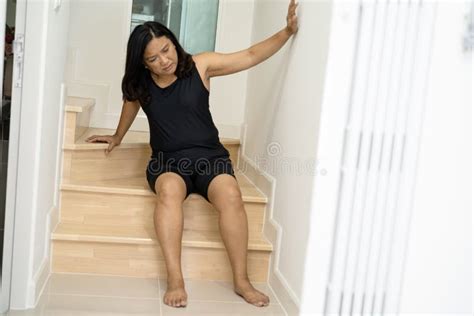 Asian Middle Aged Lady Woman Patient Fall Down The Stairs Because