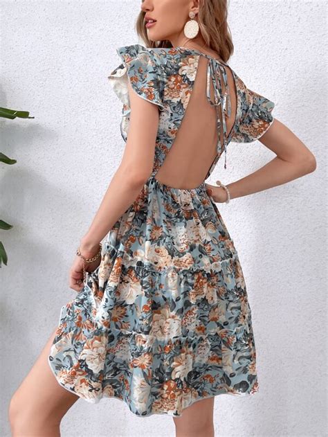 Shein Vcay All Over Floral Print Backless Ruffle Hem Dress Shein
