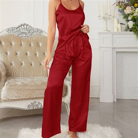 Womens Satin Backless Cami Tops Pants Pajama Sets For Valentines