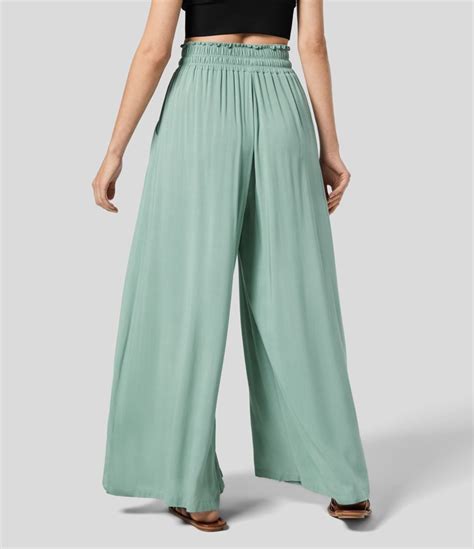 Womens High Waisted Frill Drawstring Plicated Side Pocket Wide Leg