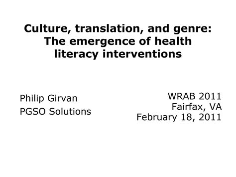 Culture Translation And Genre The Emergence Of Health Literacy