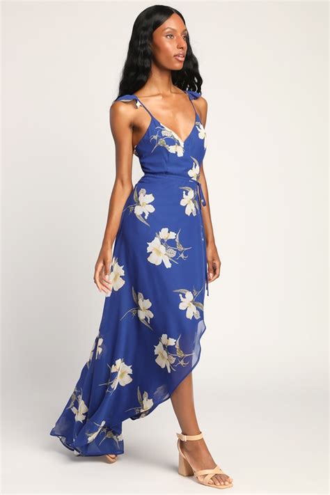 Blue Floral Print Dress Wrap Dress Side Slit Maxi Dress Lulus