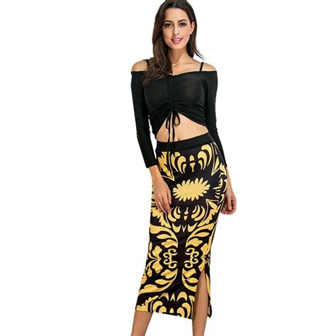 Yilia Sexy Crop Tops Maxi Skirt Women Two Pieces Set Slash Neck Tops