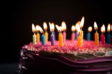 Premium Ai Image A Birthday Cake With Lighted Candles On A Black