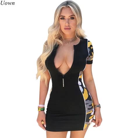Sexy Front Zipper Black Bodycon Mini Dress Camouflage Women V Neck