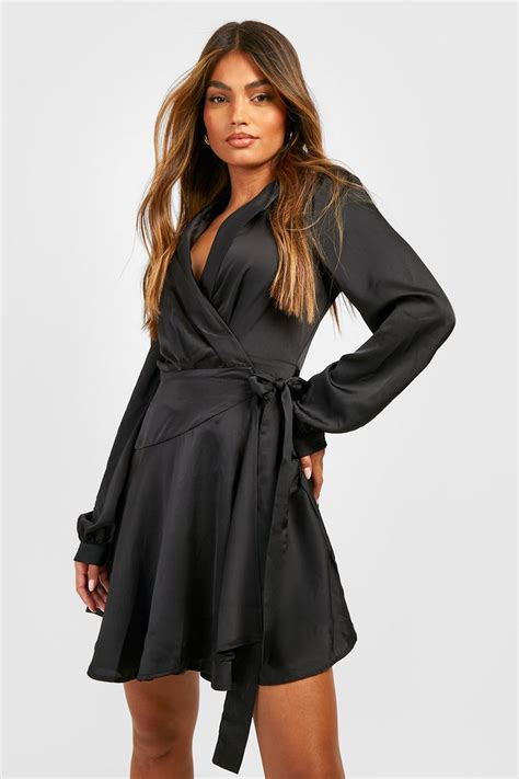 Womens Satin Wrap Mini Skater Dress Boohoo Uk
