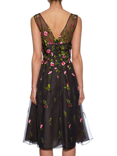 Oscar De La Renta Embroidered Floral Silk Organza Dress In Black Lyst