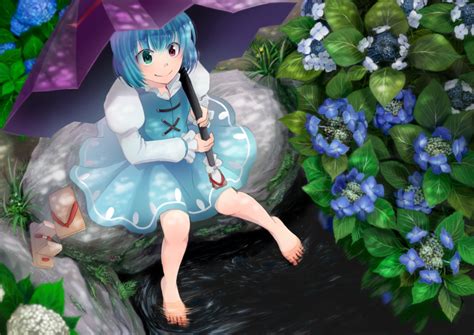 Safebooru 1girl Barefoot Blue Hair Commentary Request Dappled