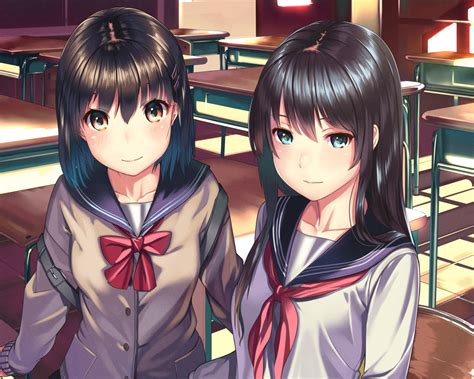 2girls Aqua Eyes Black Hair Blush Bow Brown Eyes Cropped Kagematsuri