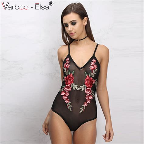 Varboo Elsa 2017 Lace Sexy Mesh Bodysuit V Neck Sleeveless Bodysuits