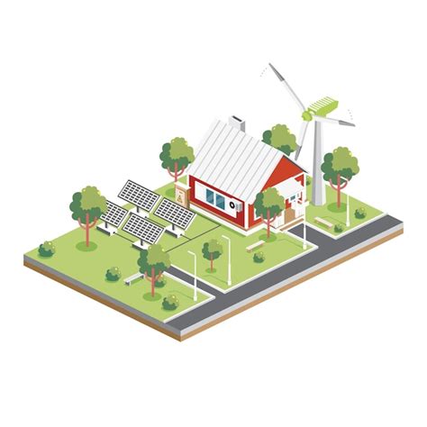 Premium Vector Isometric Solar Panels With Wind Turbine In Suburb