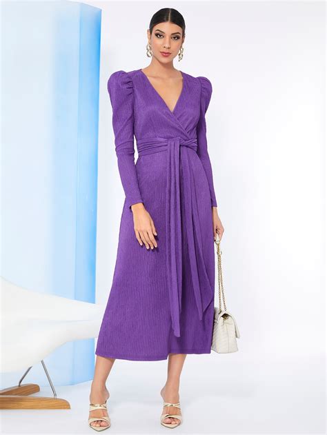 Shein Modely Puff Sleeve Surplice Neck Belted Dress Shein Usa