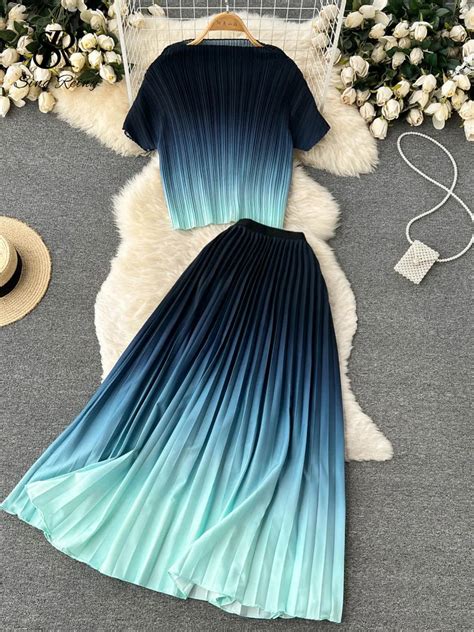 Singreiny Pleated Gradient Women Summer Set 2022 Casual Temperament
