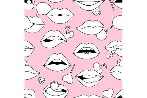 Lips Seamless Pattern Sexy Lip With Lollipops Diamond Cherry And St