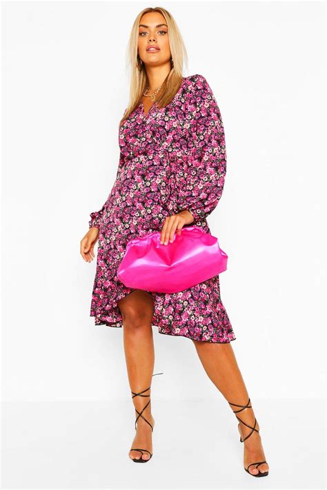 Womens Plus Floral Crepe Ruffle Wrap Midi Skater Dress Boohoo Uk