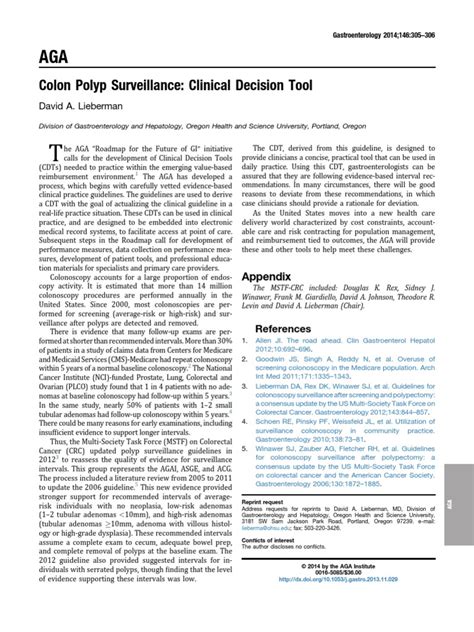 Colon Polyp Surveillance Clinical Decision Tool David A Lieberman