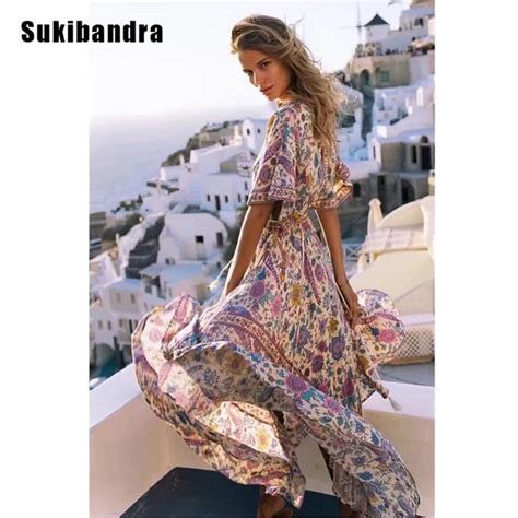 Sukibandra New Summer Floral V Neck Short Sleeve Dress Boho Hippie Long