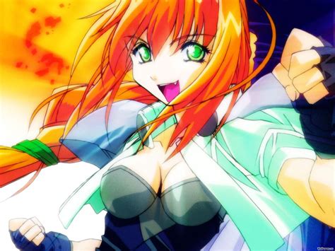 breasts cleavage excel excel saga gloves green eyes orange hair