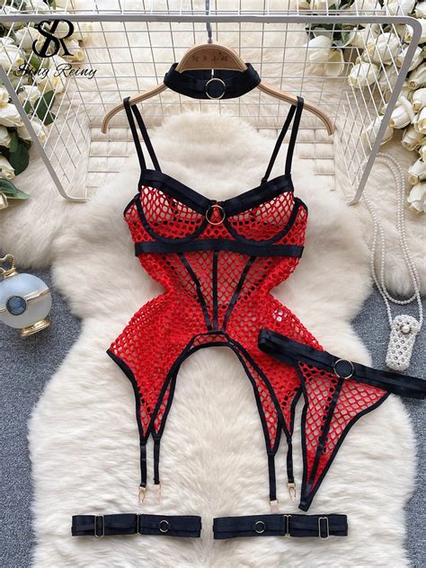 Singreiny 2023 Sheer Mesh Sexy Lingerie Three Pieces Sets Halter Steel