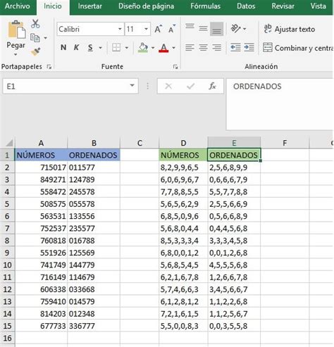 ordenar el contenido numÉrico de una celda excel signum