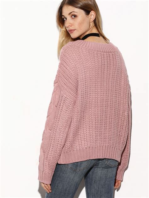 Pink V Neck Drop Shoulder Cable Knit Sweater Shein Sheinside
