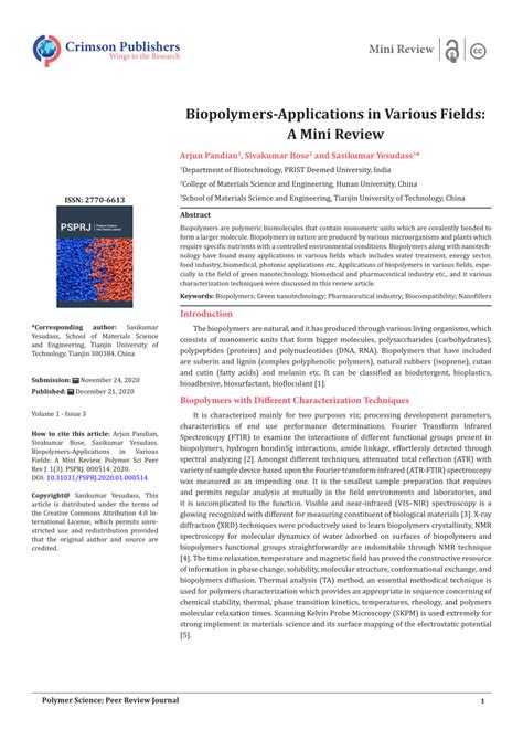Pdf Biopolymers Applications In Various Fields A Mini Review