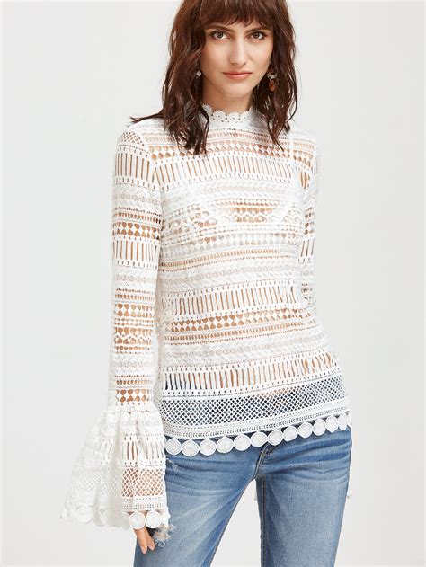 Flute Sleeve Hollow Out Embroidered Lace Top Shein Sheinside