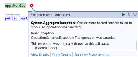 c system aggregateexception one or more hosted services failed to