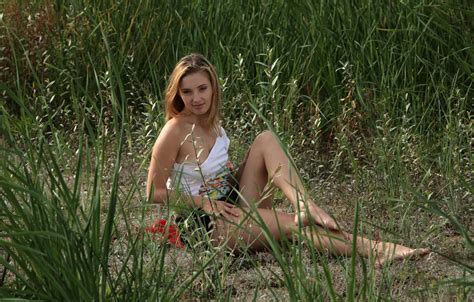 Wallpaper Girl Grass Sexy Cleavage Shorts Long Hair Legs Trees