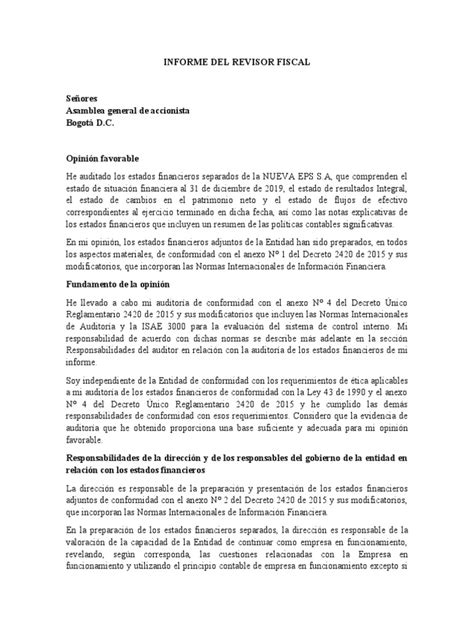 Informe Del Revisor Fiscal Pdf Auditoría Estado Financiero