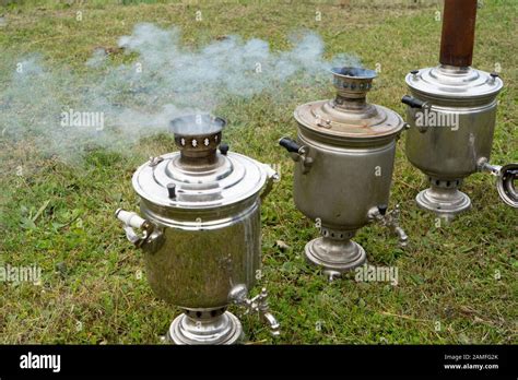 Samovars In A Clearing In The Process Of Heating Water Samovar Is A