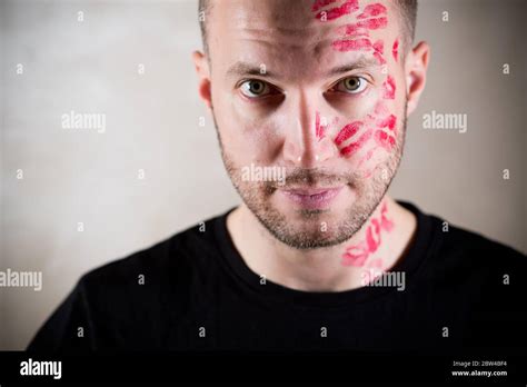 Traces Of Kisses On The Half Face Of A Man With Stubble Copy Space