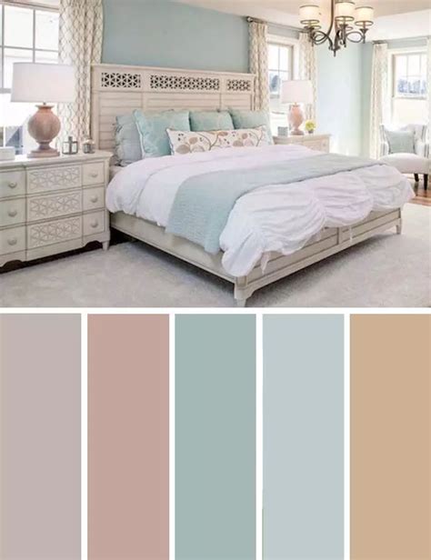 A Bedroom With Blue And Beige Colors In It